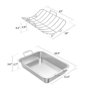 Skyflame Roasting Pan with Rack for Turkey, Stainless Steel Silver Rectangular Barbecue Bakeware Roaster Pan with Nonstick U-Rack for Indoor/Outdoor Oven Cooking