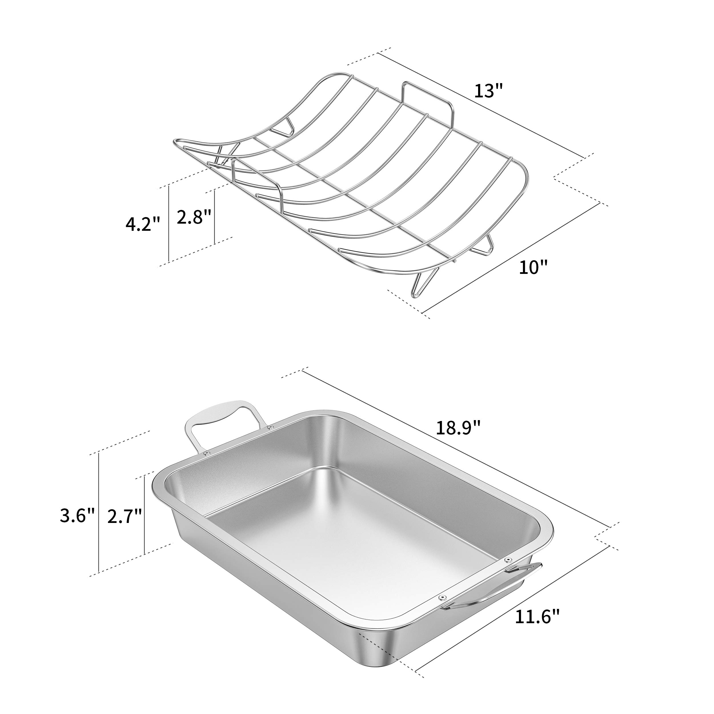 Skyflame Roasting Pan with Rack for Turkey, Stainless Steel Silver Rectangular Barbecue Bakeware Roaster Pan with Nonstick U-Rack for Indoor/Outdoor Oven Cooking