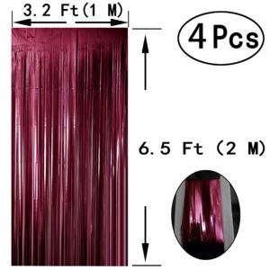 Burgundy Bachelorette Party Tinsel Foil Fringe Curtains for Wedding Anniversary Bridal Shower Happy Birthday Valentines Mothers Day Graduation Party Photo Booth Props Backdrops Decorations, 4pc