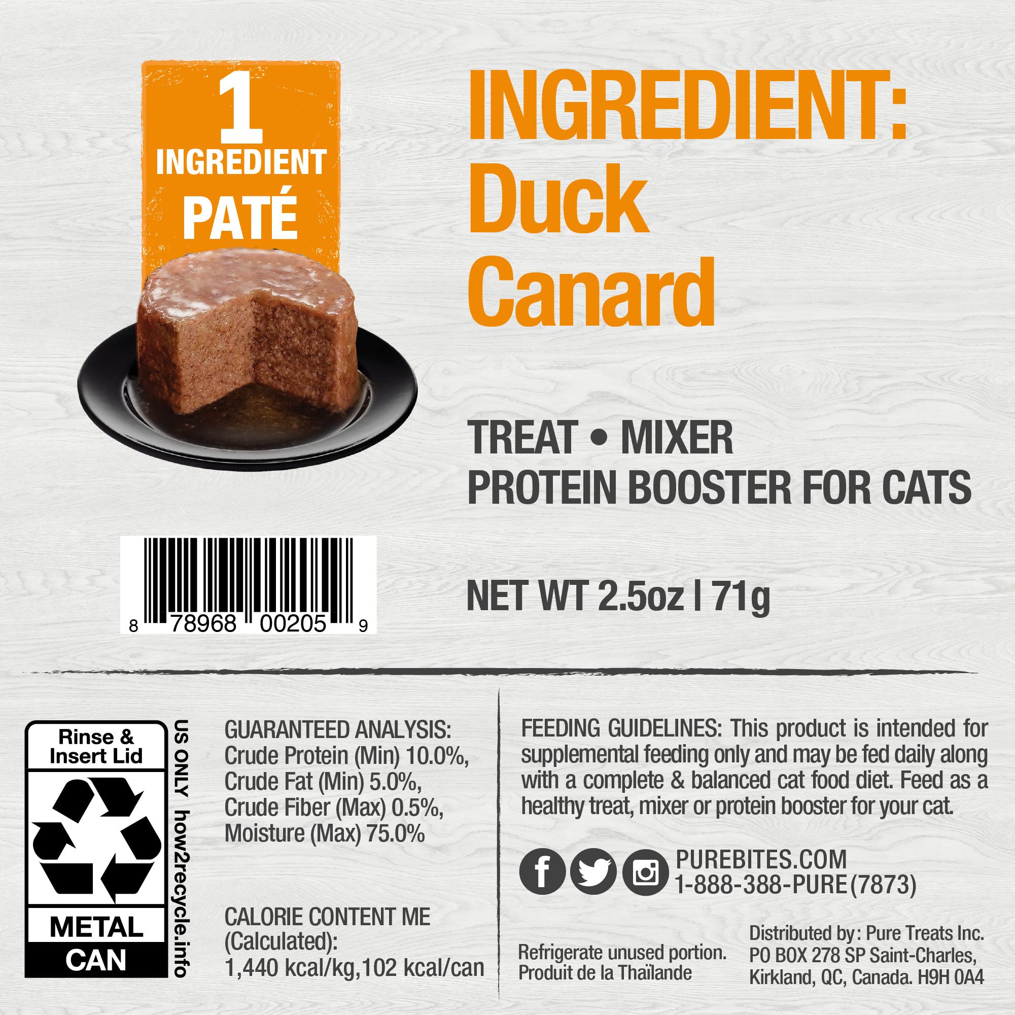 PureBites 100% Pure Duck Pate Cat Treat | 2.5oz can | only 1 Ingredient | case of 12