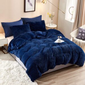 haok plush shaggy duvet cover set - 5 pieces faux fur fluffy bed sets (1 shaggy duvet cover + 2 shaggy pillow shams + 2 pillowcases), crystal velvet fuzzy comforter cover bedding sets(king, navy)