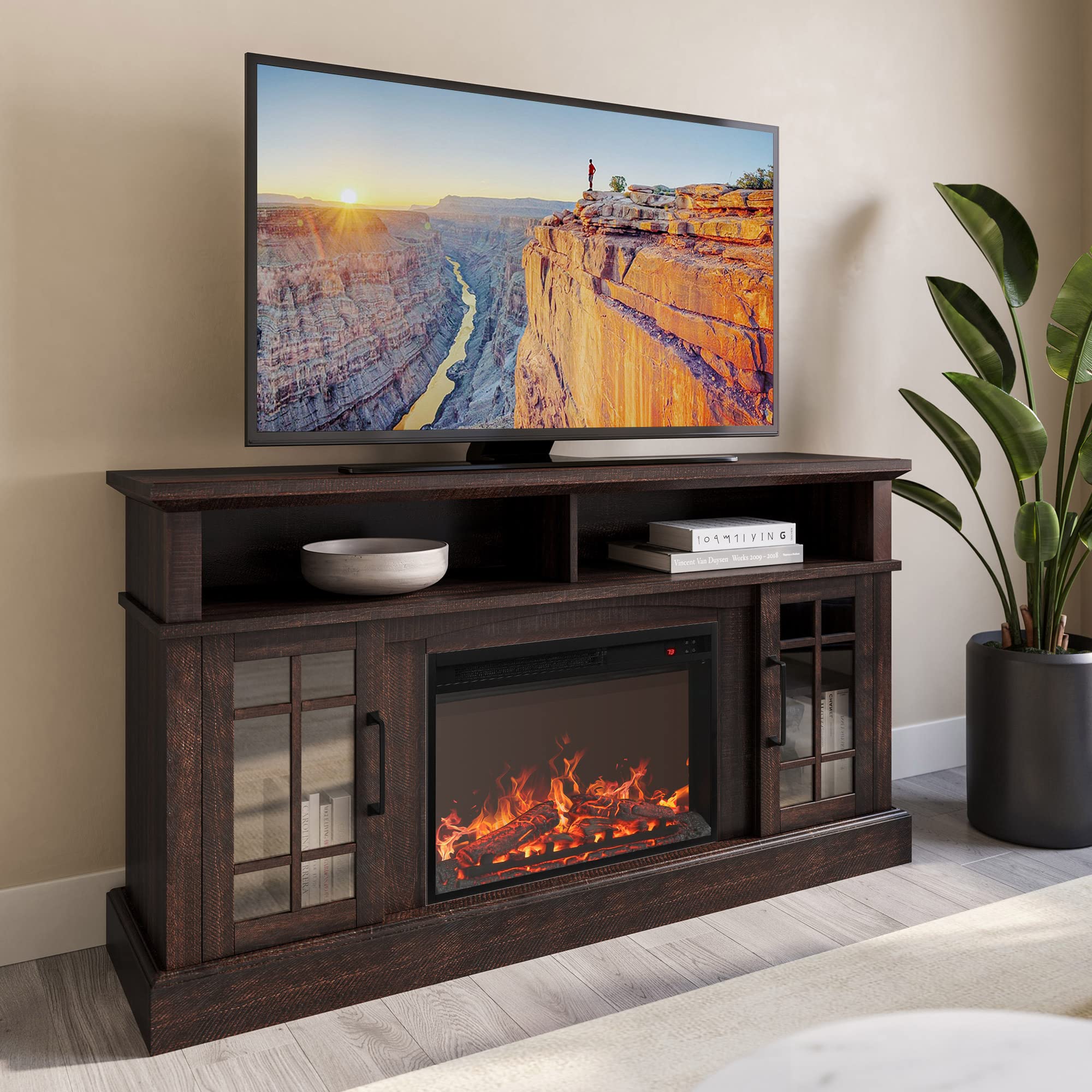 BELLEZE Traditional 58" Rustic TV Stand with 23" Electric Fireplace Heater with Sound, Media Entertainment Center Console Table for TV up to 65" with Open Storage Shelves and Cabinets - Espresso