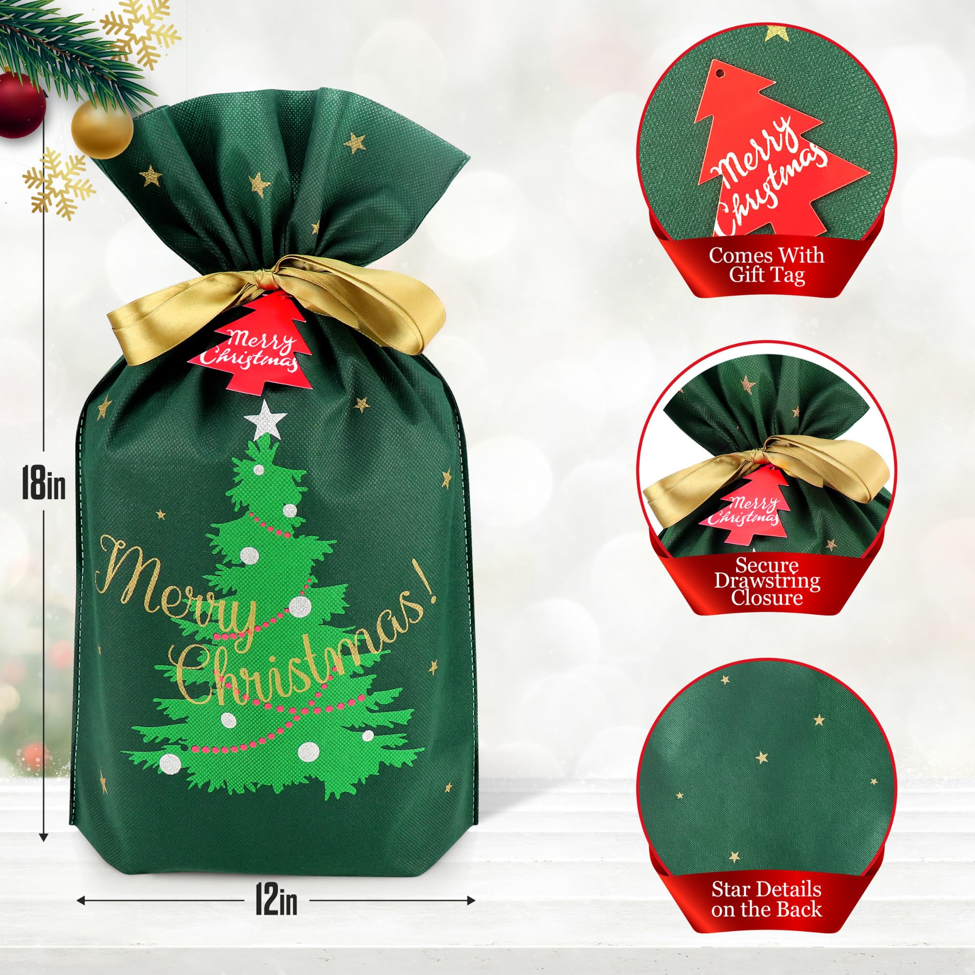 Fabric Gift Bags for Christmas Presents - 6 Pcs Christmas Bags with Drawstring, Large Christmas Gift Bags for Presents, Christmas Gift Wrap Reusable Christmas Bags for Gifts (Green Christmas Tree)