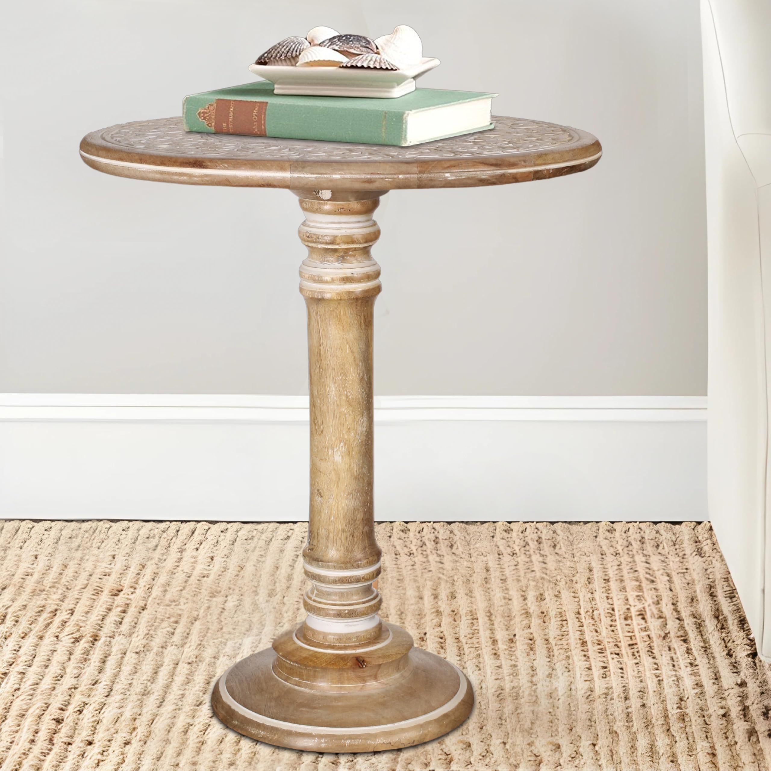 Wooden Pillar Round End Table, Modern Round Wooden Coffee Table, Living Room Rustic Side End Table for Magazines, Books, Plants & Perfect for Christmas Decoration -18x22 Inch White Wash