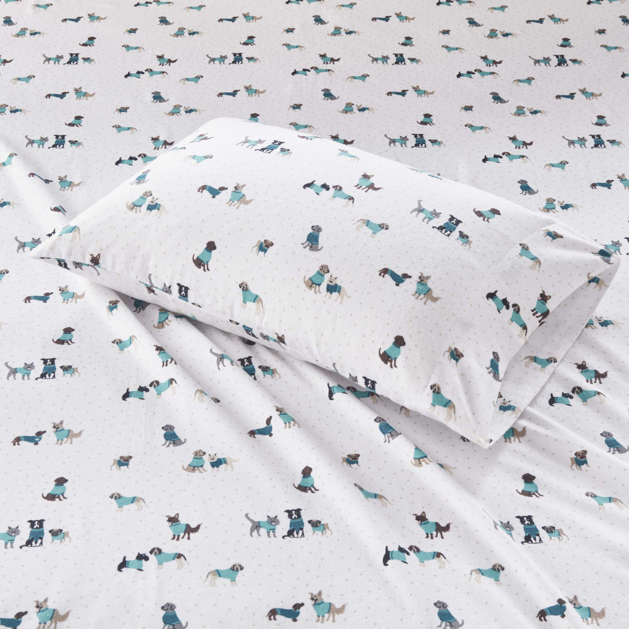 Intelligent Design Cozy Soft 100% Cotton Flannel Print Animals Stars Cute Warm, Ultra Soft Cold Weather Sheet Set Bedding, Full, Teal Dogs 4 Piece