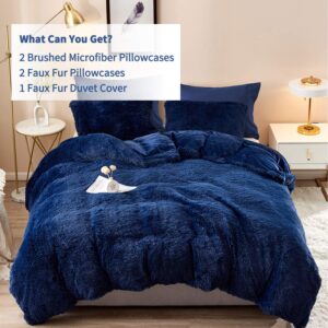 HAOK Plush Shaggy Duvet Cover Set - 5 Pieces Faux Fur Fluffy Bed Sets (1 Shaggy Duvet Cover + 2 Shaggy Pillow Shams + 2 Pillowcases), Crystal Velvet Fuzzy Comforter Cover Bedding Sets(King, Navy)