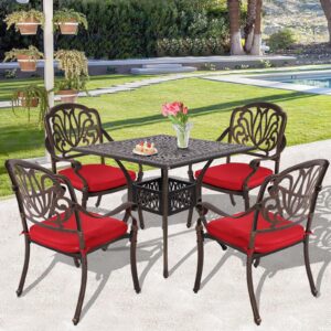 Grepatio 5 Piece Cast Aluminum Patio Dining Set Outdoor Furniture Set Patio Garden Set with 4 Ding Chairs, 4 Cushions and 35.4" Square Patio Table 2.4" Umbrella Hole, Antique Bronze (Red)