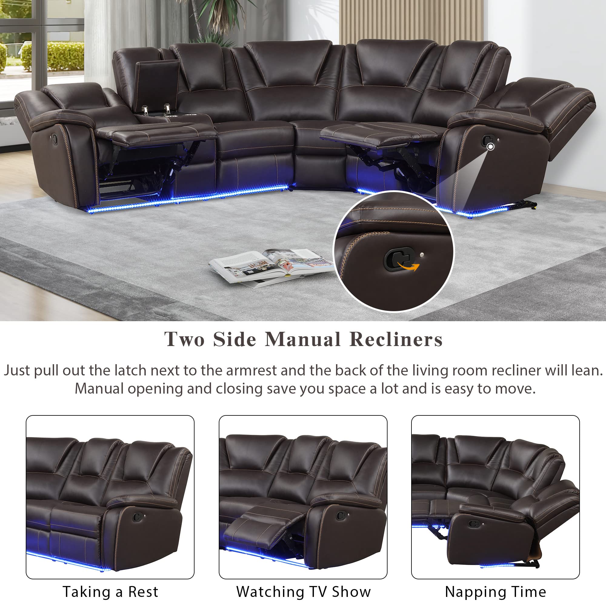 Manual Reclining Sectional Sofa Set with LED Strips, PU Recliner Couch with 2 Cup Holders and Storage for Living Room