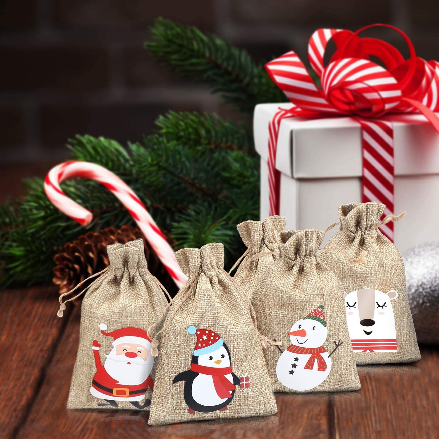 LOKIPA Christmas Jute Burlap Bags, Xmas Jute Linen Burlap Drawstring Gift Treat Candy Bag for Xmas Favors (24)…