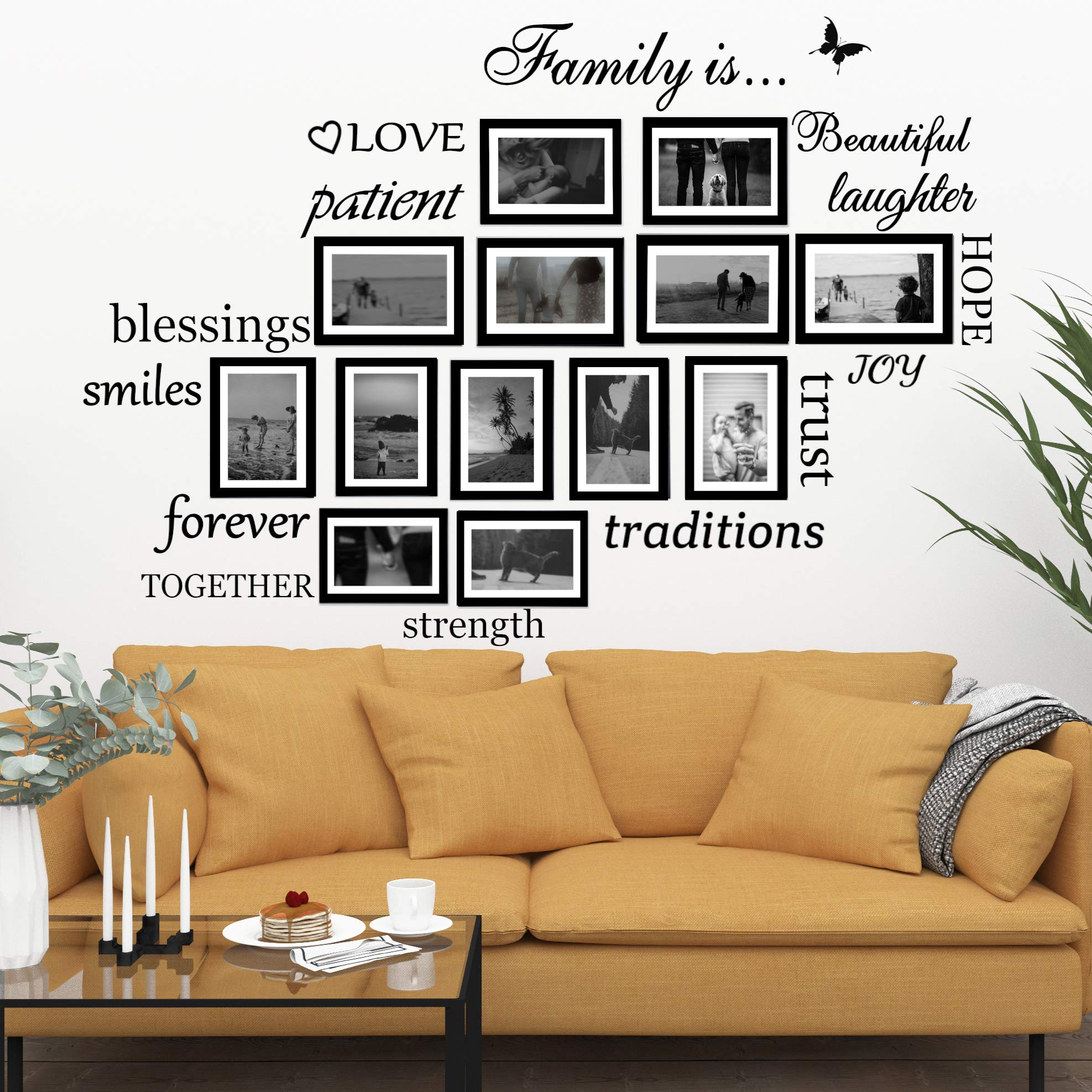 World of Wall Decal Family Wall Decals Set of 14 Family Words Quotes Vinyl Stickers Picture Frame Wall Decoration DIY Family Room Art Decoration Matte Black (The Photo Frames are not Included)