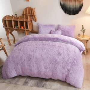 mego luxury shaggy plush duvet cover set, soft 3 pieces fluffy faux fur comforter cover set, fuzzy bedding set lavender lilac(1 furry duvet cover + 2 pillow shams), zipper closure(queen, orchid)