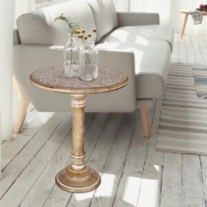 Wooden Pillar Round End Table, Modern Round Wooden Coffee Table, Living Room Rustic Side End Table for Magazines, Books, Plants & Perfect for Christmas Decoration -18x22 Inch White Wash