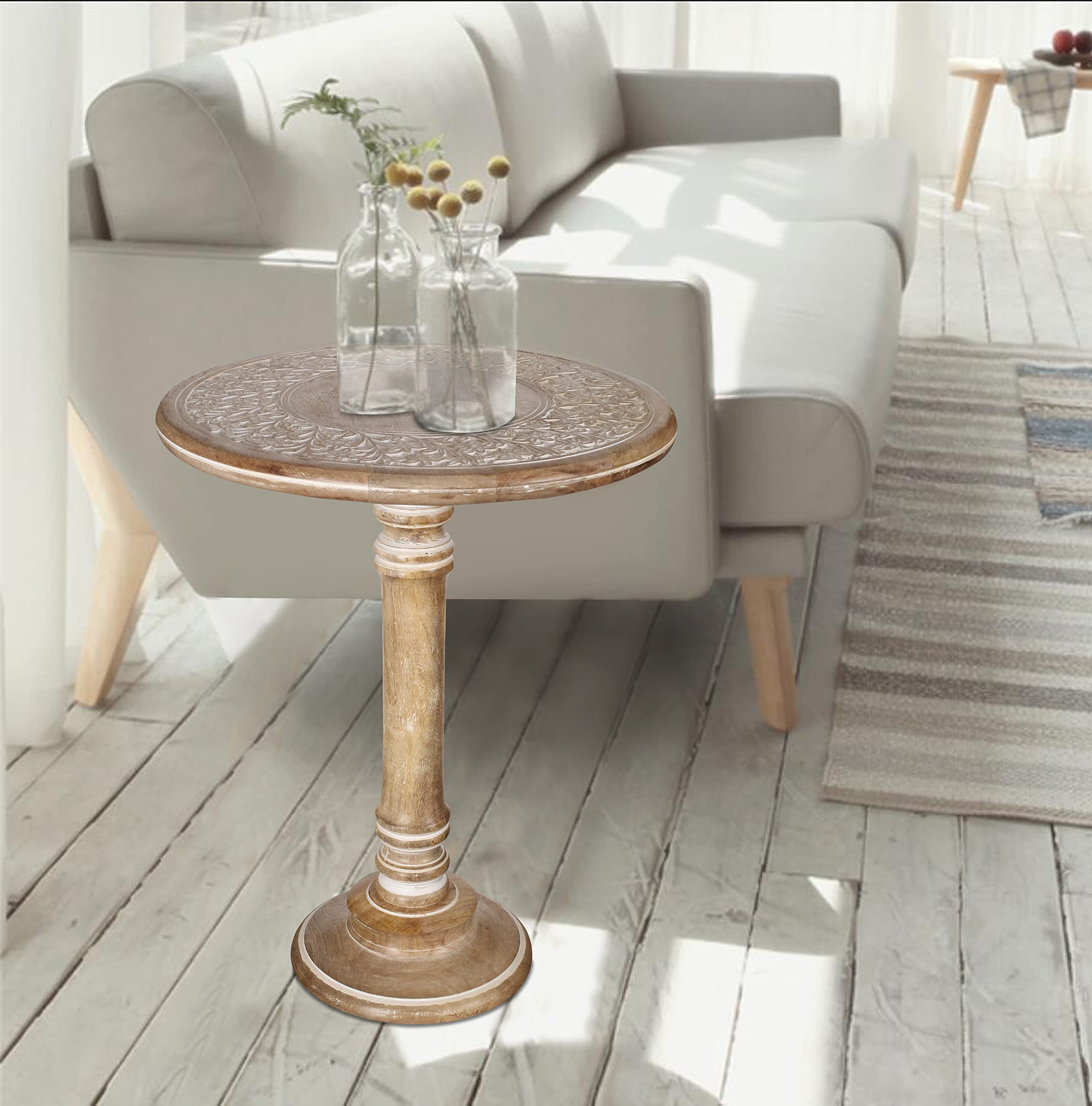 Wooden Pillar Round End Table, Modern Round Wooden Coffee Table, Living Room Rustic Side End Table for Magazines, Books, Plants & Perfect for Christmas Decoration -18x22 Inch White Wash