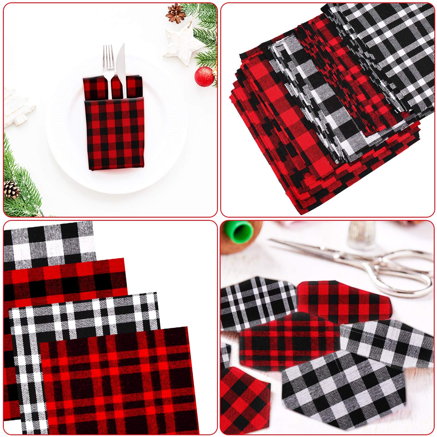 48 Pieces Christmas Fabric Bundle Squares 6 Inch Red and Black Buffalo Plaid Christmas Fabric Black and White Quilting Fabric Squares Precut Fat Quarter Patchwork for Christmas Sewing DIY Craft