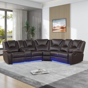 manual reclining sectional sofa set with led strips, pu recliner couch with 2 cup holders and storage for living room