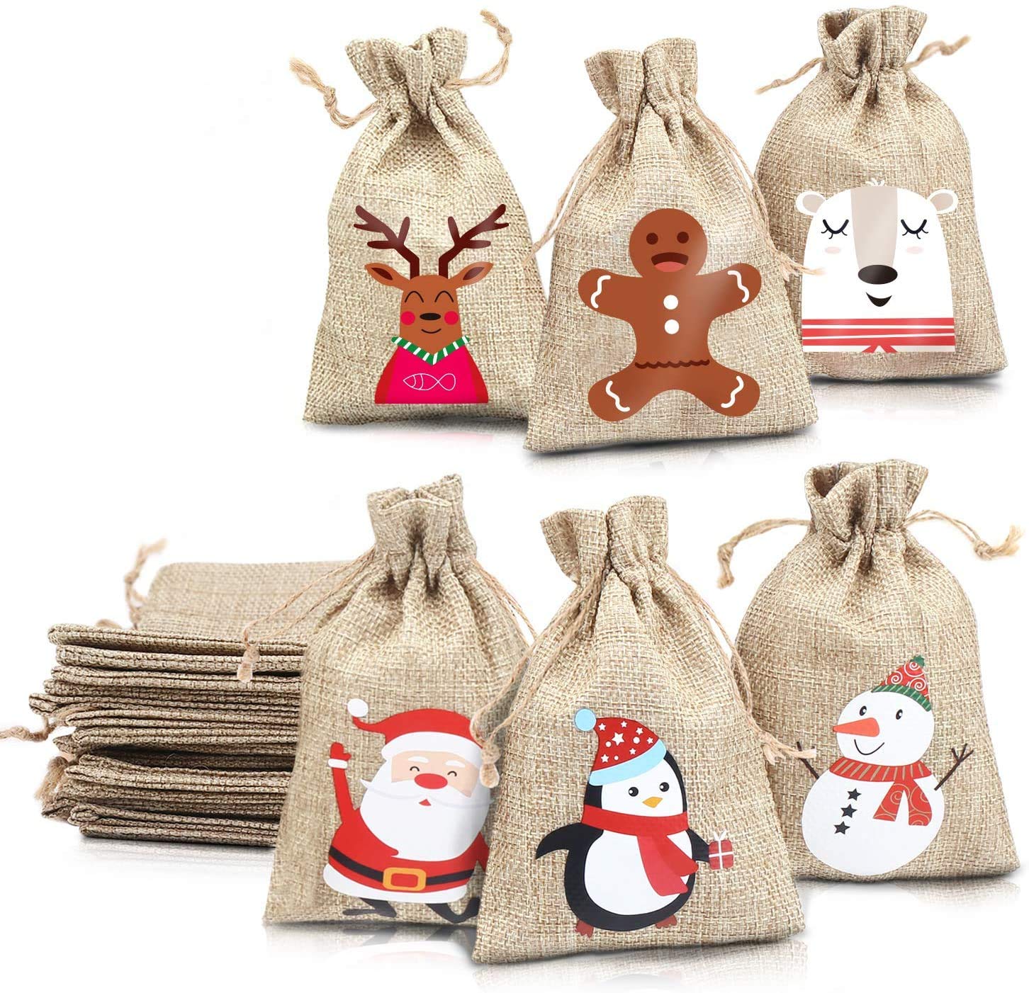 LOKIPA Christmas Jute Burlap Bags, Xmas Jute Linen Burlap Drawstring Gift Treat Candy Bag for Xmas Favors (24)…