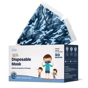 wecare kids disposable face masks, 50 blue camo masks, individually wrapped