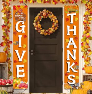 give thanks hanging banner porch sign autumn pumpkin maple leaf backdrop flag fall harvest welcome banner for indoor outdoor wall door decoration thanksgiving party decorations 72"x12"