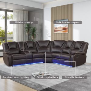 Manual Reclining Sectional Sofa Set with LED Strips, PU Recliner Couch with 2 Cup Holders and Storage for Living Room