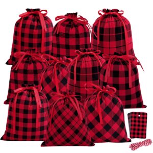 aneco 10 pieces small buffalo plaid bags 11.8 x 9.8 inches drawstring bag sack present xmas cotton christmas bags party stocking storage with 20 pieces tags