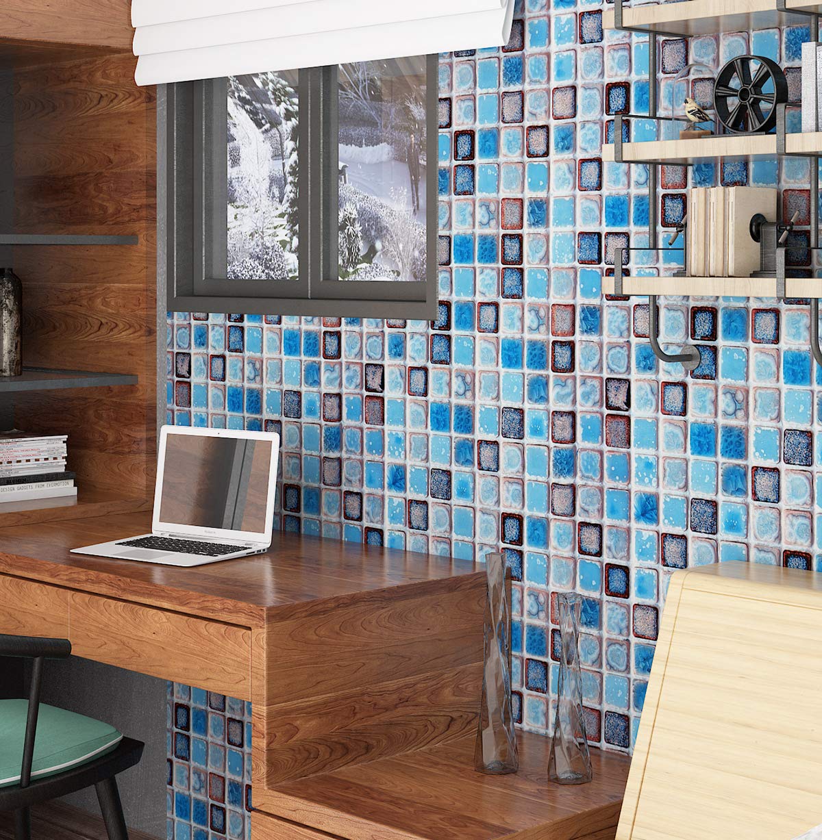 Livelynine Waterproof Wallpaper for Bathroom Shower Wall Decorative Contact Paper Self Adhesive for Furniture Stickers Kitchen Backsplash Tiles Peel and Stick Counter Removable Blue Mosaic 15.8"x78.8"