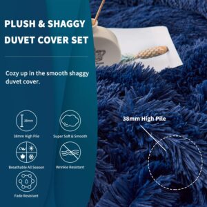 HAOK Plush Shaggy Duvet Cover Set - 5 Pieces Faux Fur Fluffy Bed Sets (1 Shaggy Duvet Cover + 2 Shaggy Pillow Shams + 2 Pillowcases), Crystal Velvet Fuzzy Comforter Cover Bedding Sets(King, Navy)