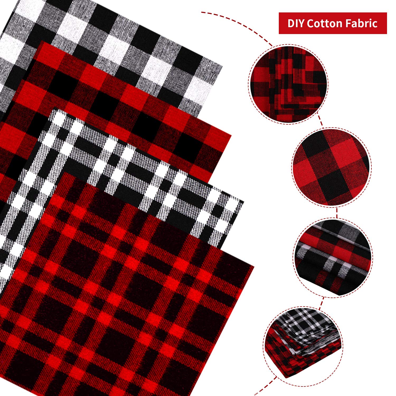 48 Pieces Christmas Fabric Bundle Squares 6 Inch Red and Black Buffalo Plaid Christmas Fabric Black and White Quilting Fabric Squares Precut Fat Quarter Patchwork for Christmas Sewing DIY Craft