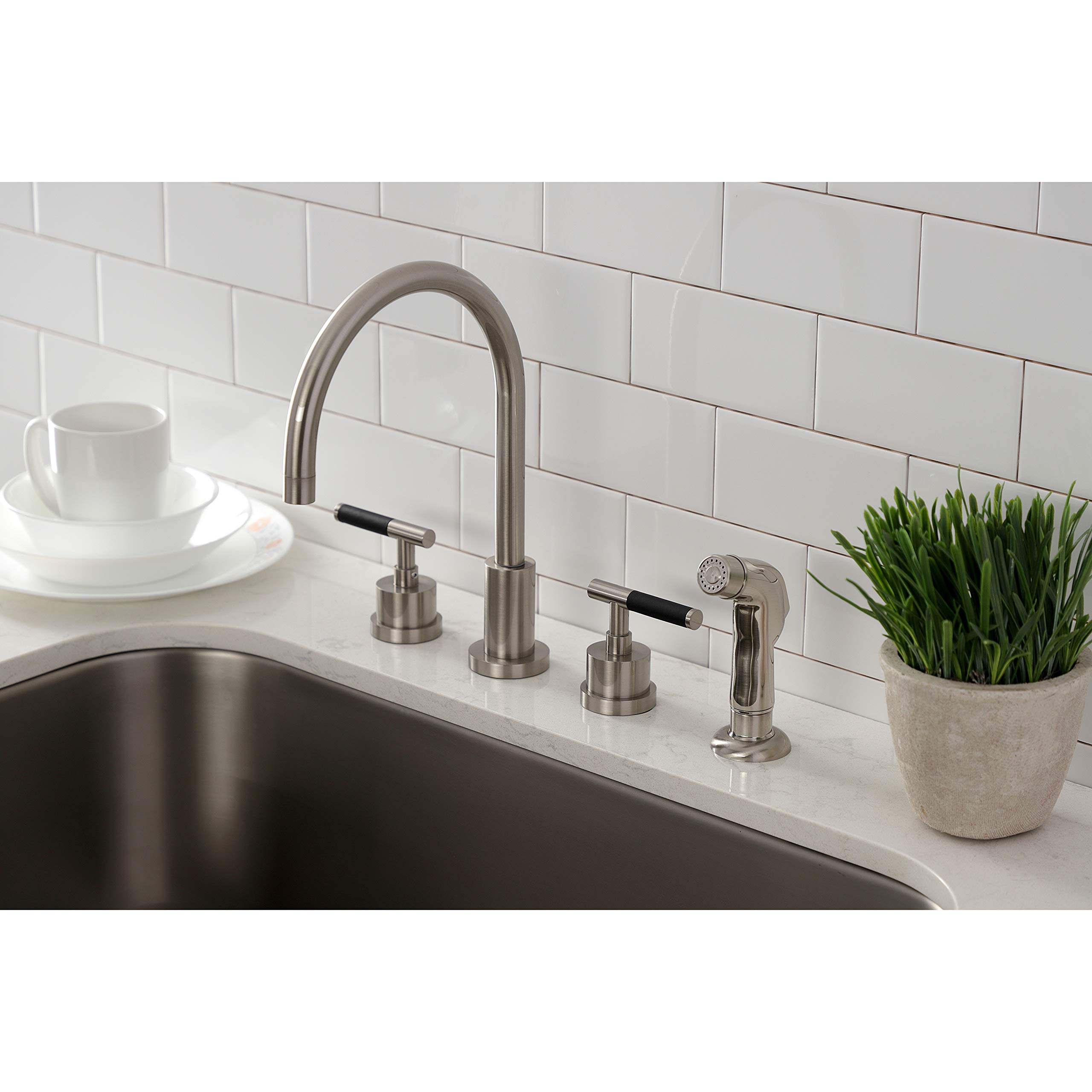 Kingston Brass KS8728CKL Kaiser Widespread Kitchen Faucet with Plastic Sprayer, Brushed Nickel