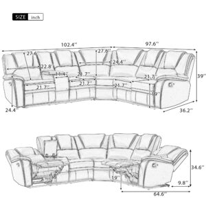 Manual Reclining Sectional Sofa Set with LED Strips, PU Recliner Couch with 2 Cup Holders and Storage for Living Room