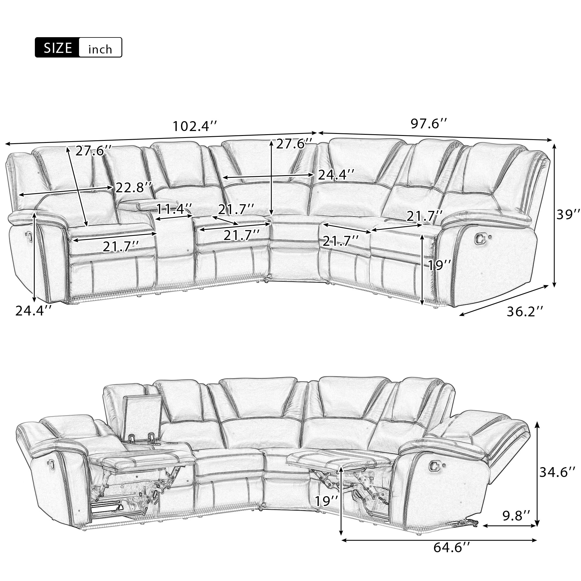 Manual Reclining Sectional Sofa Set with LED Strips, PU Recliner Couch with 2 Cup Holders and Storage for Living Room