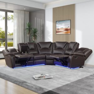 Manual Reclining Sectional Sofa Set with LED Strips, PU Recliner Couch with 2 Cup Holders and Storage for Living Room