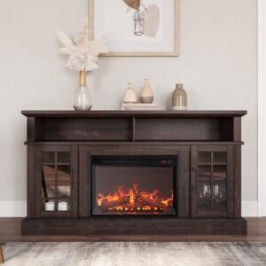 BELLEZE Traditional 58" Rustic TV Stand with 23" Electric Fireplace Heater with Sound, Media Entertainment Center Console Table for TV up to 65" with Open Storage Shelves and Cabinets - Espresso