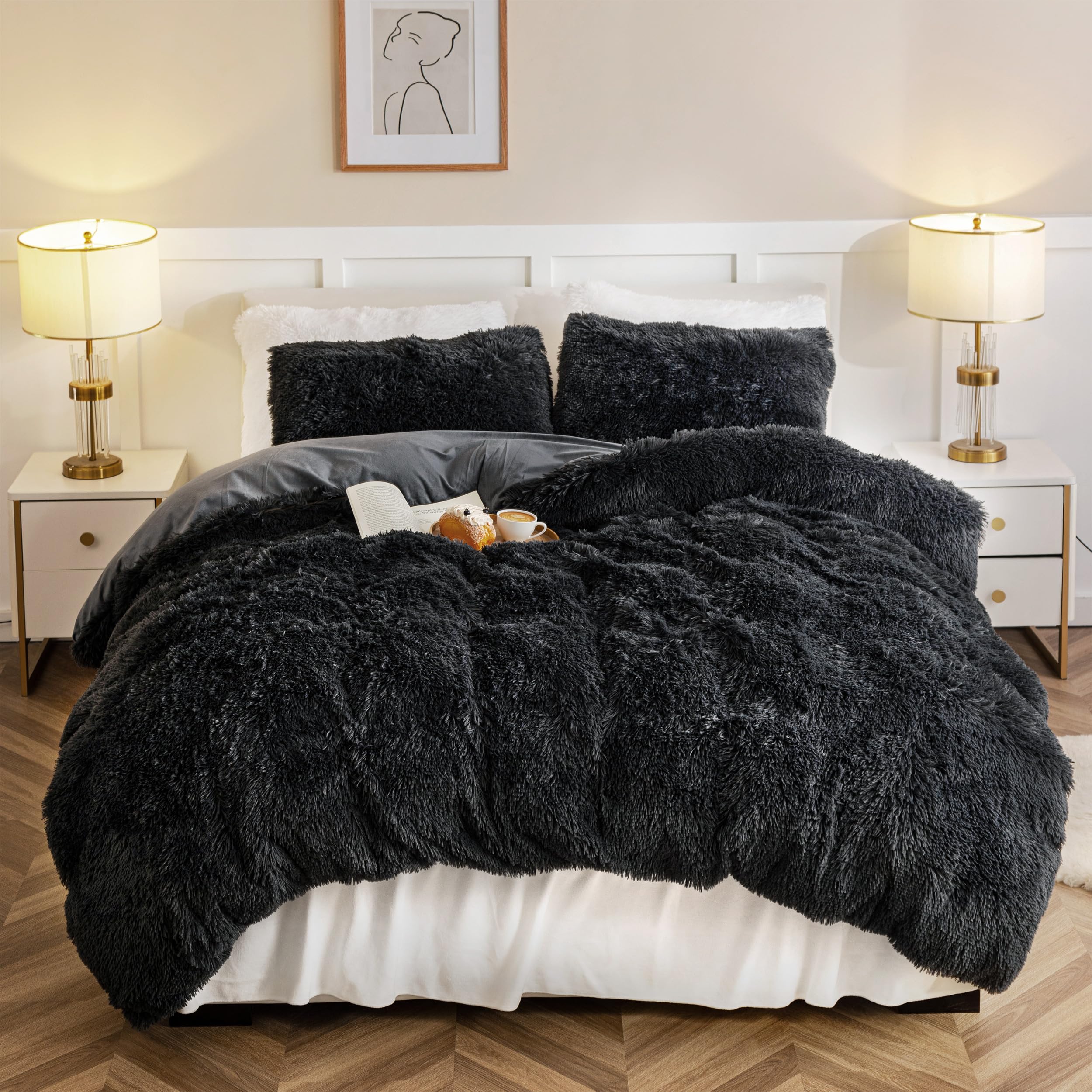 Dreamcountry Plush Fluffy Duvet Cover Oeko-TEX Certified Luxury Ultra Soft Shaggy Crystal Velvet Bedding Comforter Set 3 Pieces(1 Duvet Cover + 2 Pillow Shams) Zipper Closure(King, Dark Gray)