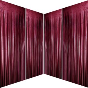 burgundy bachelorette party tinsel foil fringe curtains for wedding anniversary bridal shower happy birthday valentines mothers day graduation party photo booth props backdrops decorations, 4pc