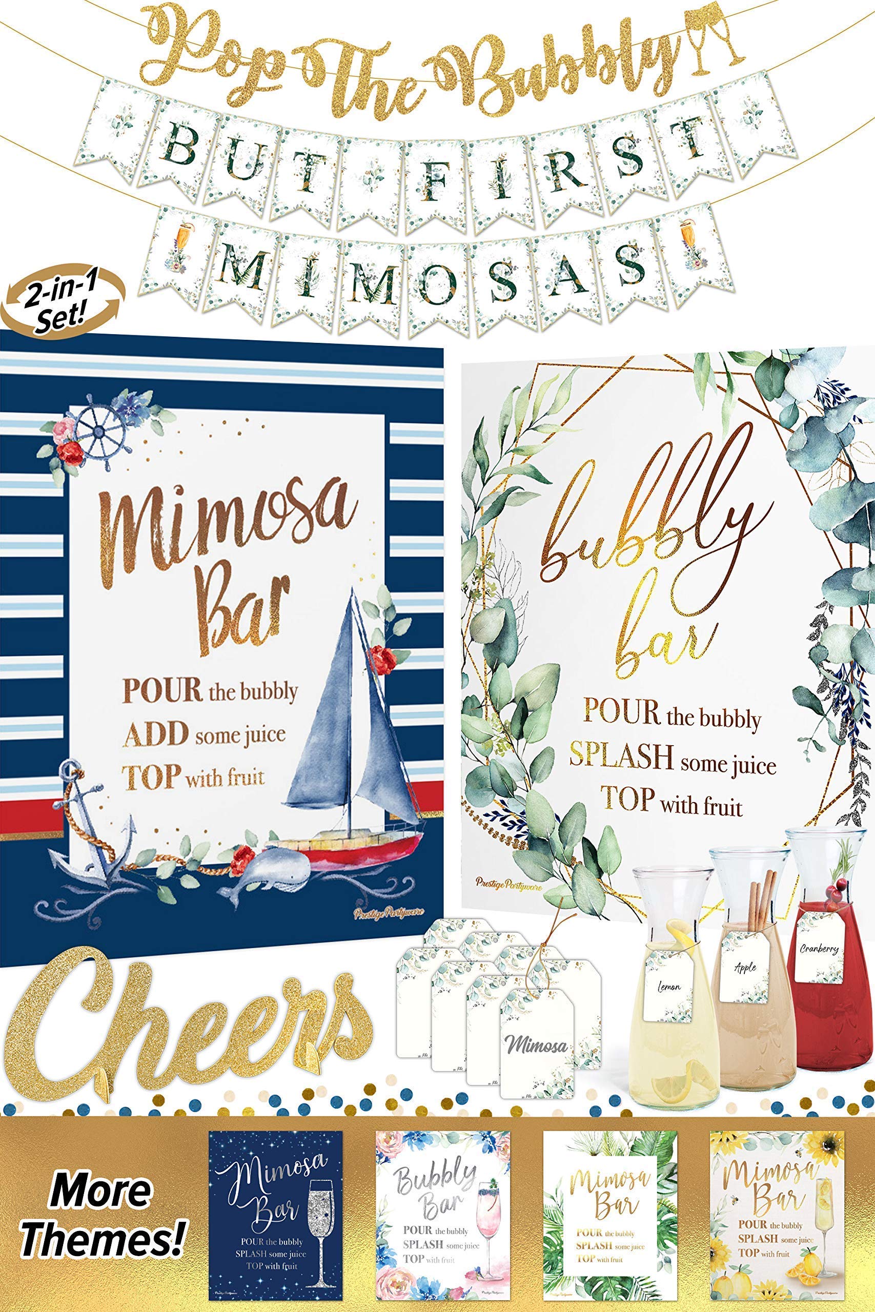 PRESTIGE Mimosa Bar Kit | Bubbly Brunch Decorations w/Greenery Mimosa Bar Sign & Gold Banners. Classy Bridal Shower Decorations, Momosa Bar Baby Shower Supplies, Rustic Birthday Party Brunch Decor Set