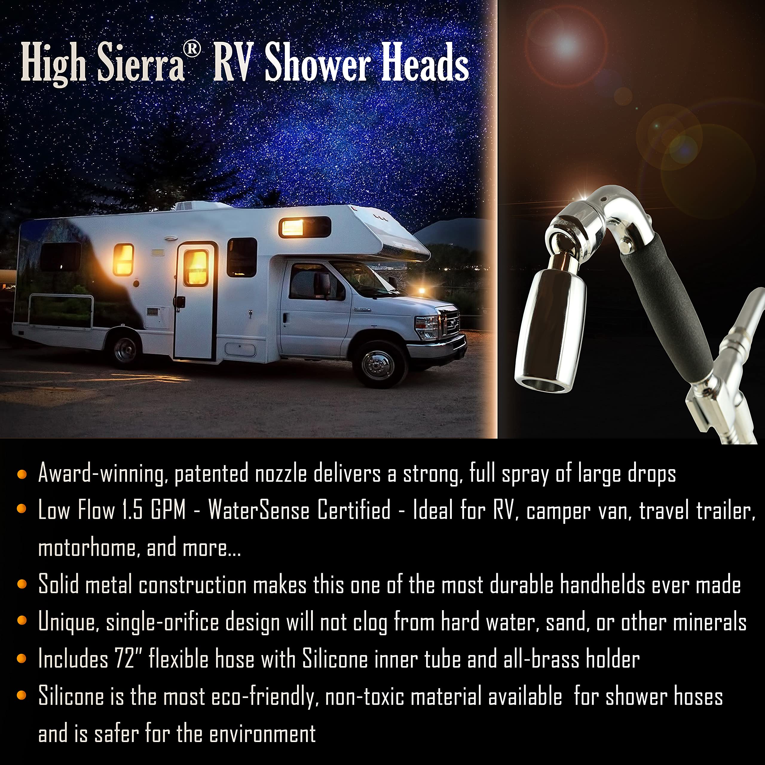 High Sierra Showerheads® - Handheld RV Shower Head with Hose and On Off Switch (Plumbing Code Compliant) - Solid Metal – Includes 72” Metal Hose with Silicone Inner Tube and Holder - 1.5 GPM - Chrome