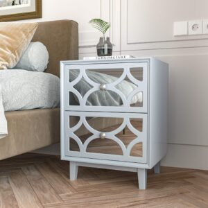 COZAYH Modern Contemporary 2-Drawer Nightstand, Accent Front Mirror Nightstand, for Small Spaces, Bedroom, Light Gray