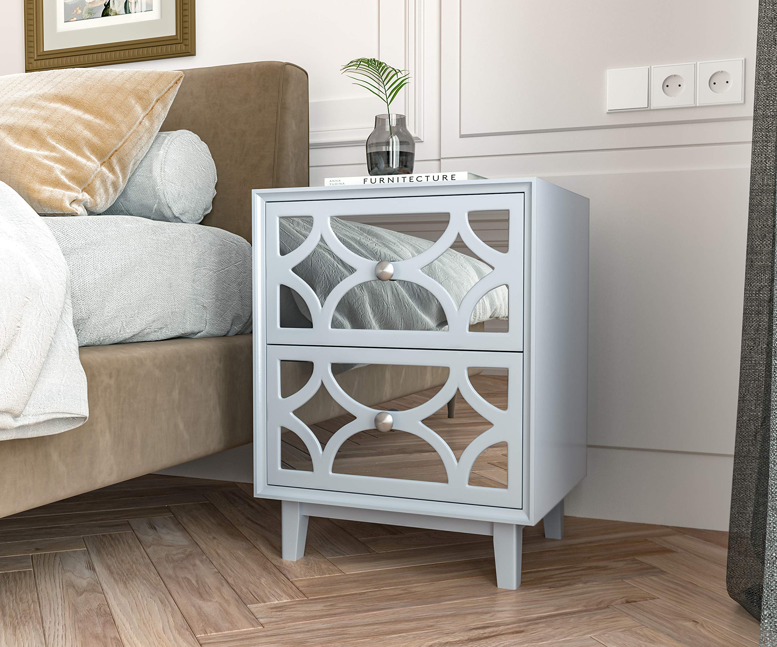 COZAYH Modern Contemporary 2-Drawer Nightstand, Accent Front Mirror Nightstand, for Small Spaces, Bedroom, Light Gray