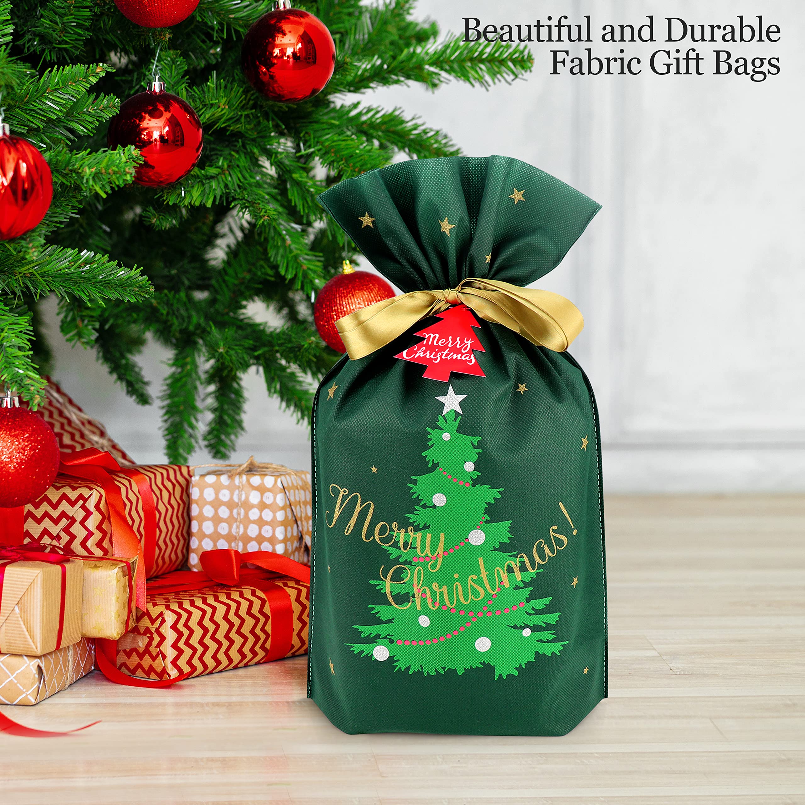 Fabric Gift Bags for Christmas Presents - 6 Pcs Christmas Bags with Drawstring, Large Christmas Gift Bags for Presents, Christmas Gift Wrap Reusable Christmas Bags for Gifts (Green Christmas Tree)