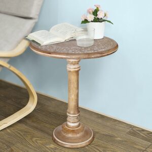 Wooden Pillar Round End Table, Modern Round Wooden Coffee Table, Living Room Rustic Side End Table for Magazines, Books, Plants & Perfect for Christmas Decoration -18x22 Inch White Wash