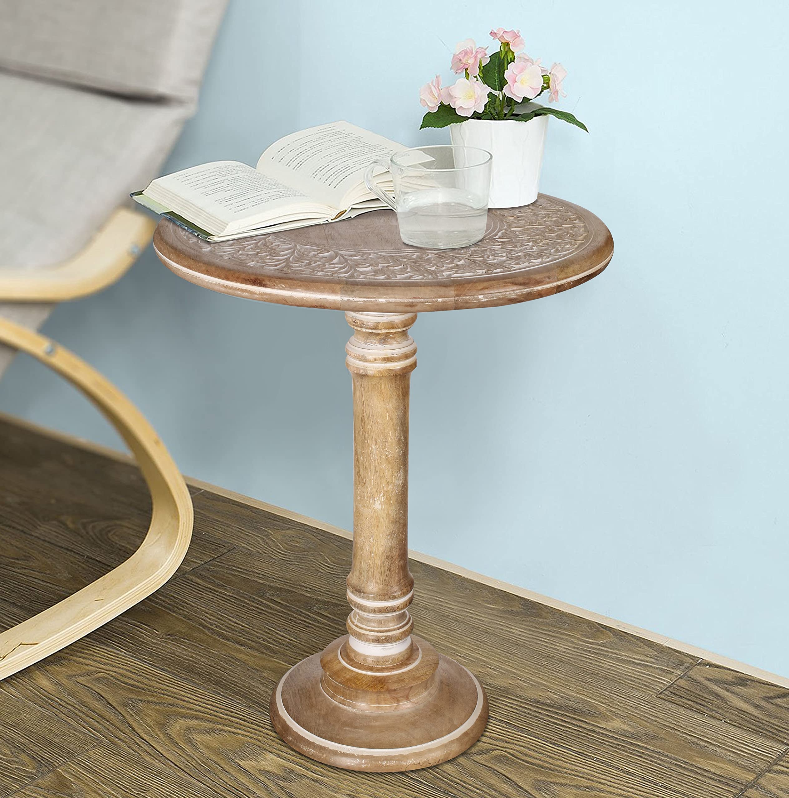 Wooden Pillar Round End Table, Modern Round Wooden Coffee Table, Living Room Rustic Side End Table for Magazines, Books, Plants & Perfect for Christmas Decoration -18x22 Inch White Wash