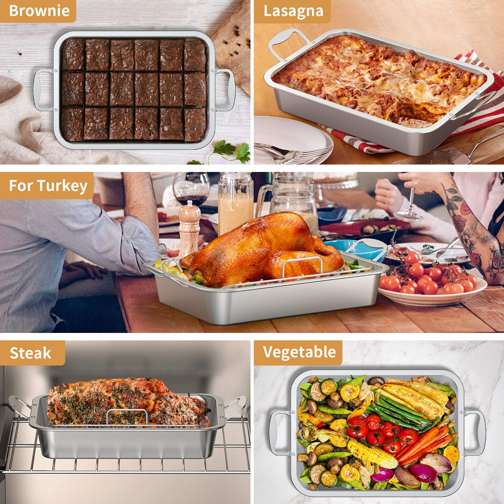 Skyflame Roasting Pan with Rack for Turkey, Stainless Steel Silver Rectangular Barbecue Bakeware Roaster Pan with Nonstick U-Rack for Indoor/Outdoor Oven Cooking