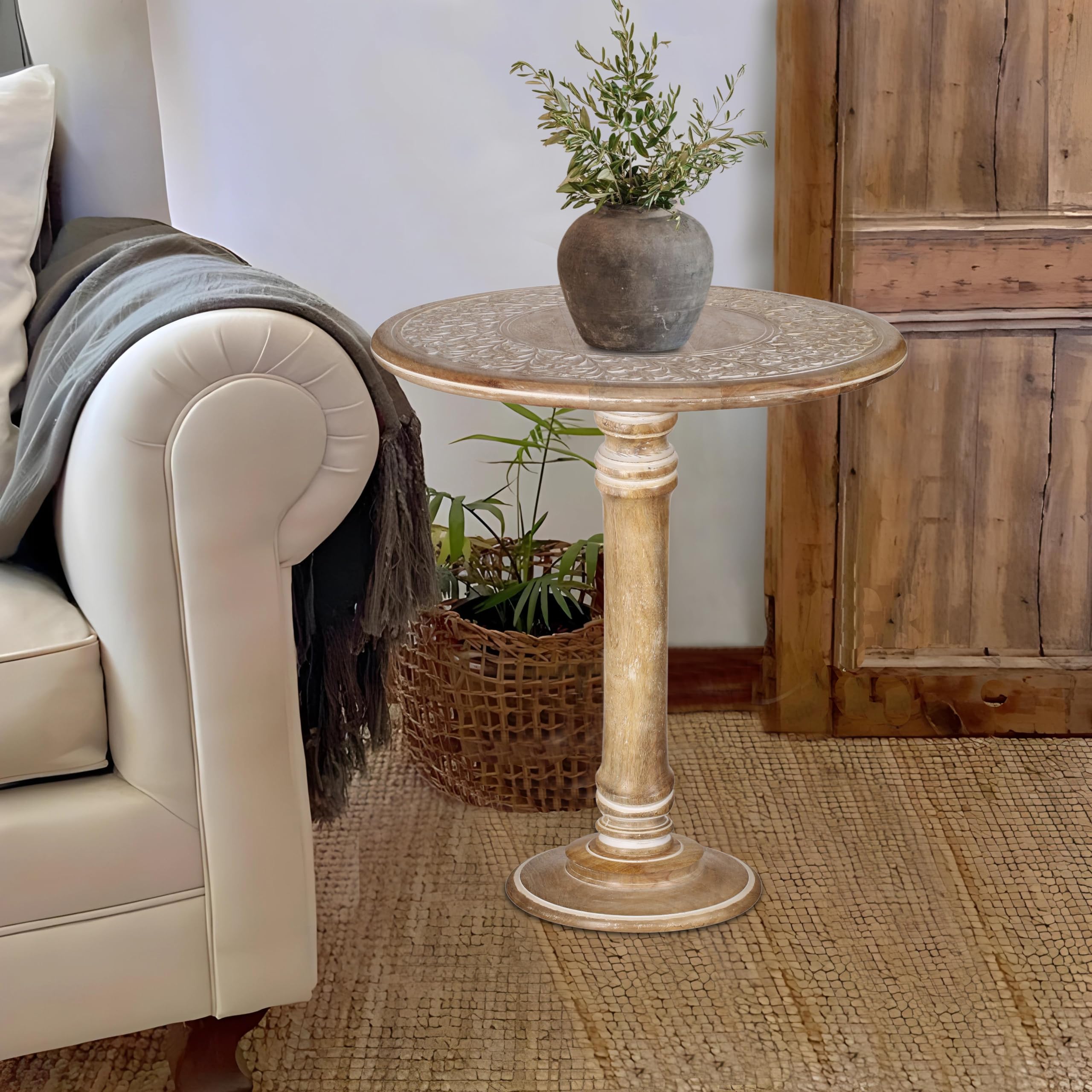 Wooden Pillar Round End Table, Modern Round Wooden Coffee Table, Living Room Rustic Side End Table for Magazines, Books, Plants & Perfect for Christmas Decoration -18x22 Inch White Wash