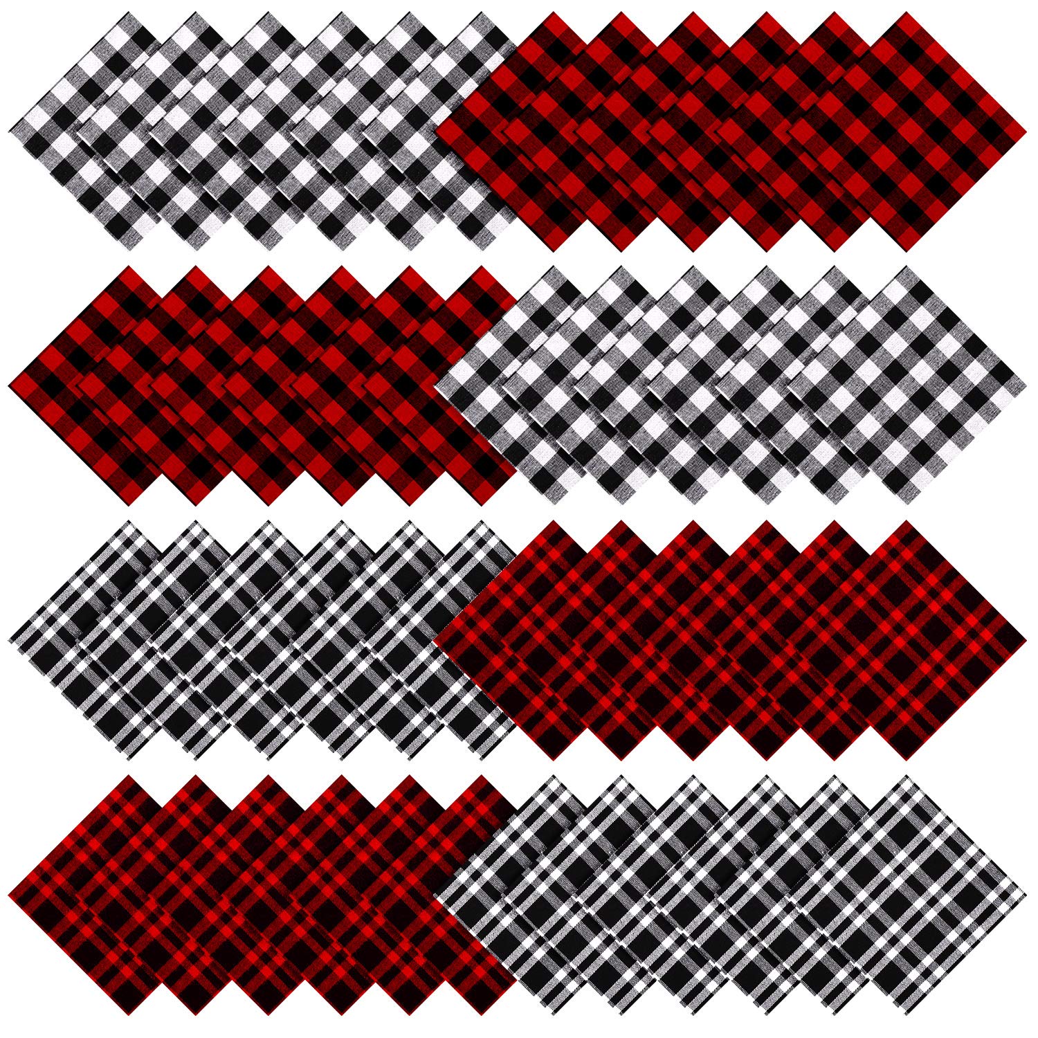 48 Pieces Christmas Fabric Bundle Squares 6 Inch Red and Black Buffalo Plaid Christmas Fabric Black and White Quilting Fabric Squares Precut Fat Quarter Patchwork for Christmas Sewing DIY Craft