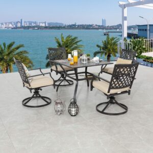 lokatse home 5 piece patio dining set outdoor furniture 4 swivel chairs with cushion and 37" square umbrella hole table for bistro backyard garden, khaki