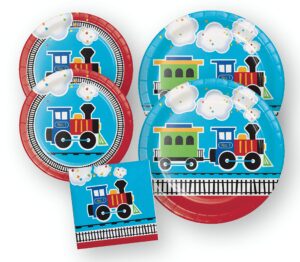 train party supplies - choo choo birthday paper plates and napkins (48 pieces)