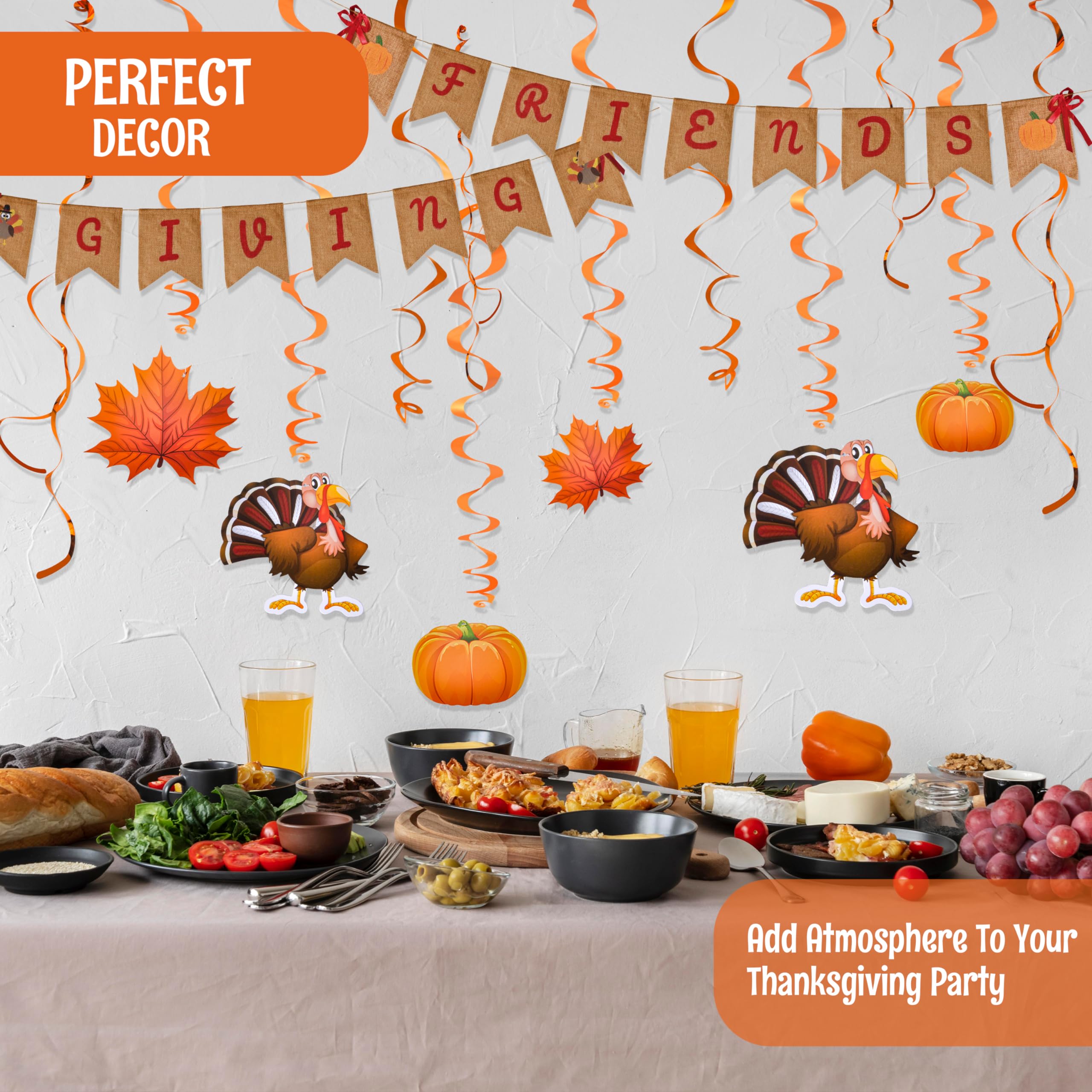 JOYIN Thanksgiving Banner Friendsgiving Garland Party Decoration Set Including 2 Banner Hanging Garland, 6 Foil Swirls with Decorative Hanging Cutouts for Thanksgiving Holiday Decor