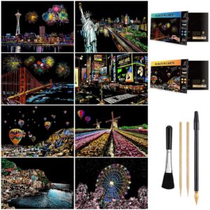 scratch art for teens & adults, rainbow engraving painting landscape scratchboard(a4) crafts set: 8 sheets with 4 tools - new york, statue of liberty, golden gate bridge, manarola (america/europe)