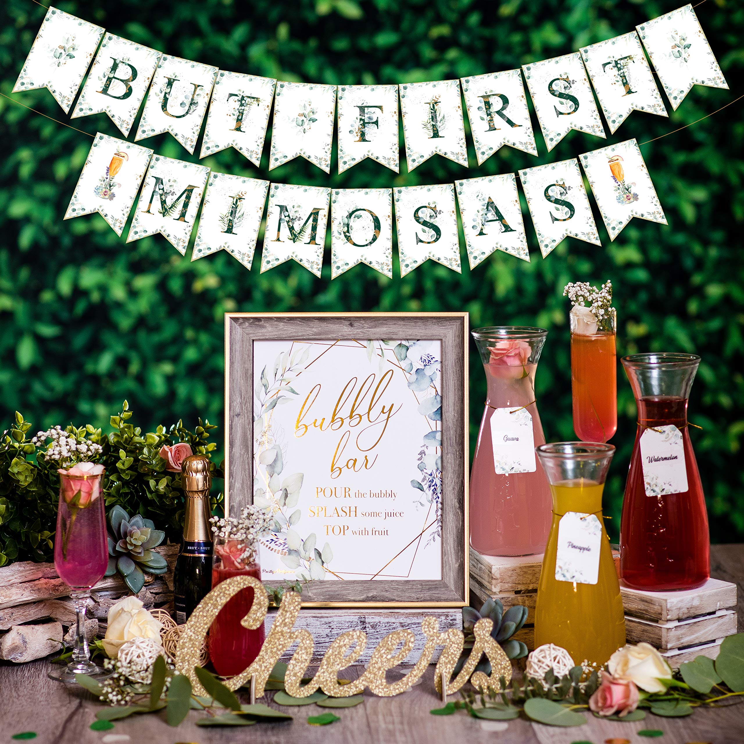 PRESTIGE Mimosa Bar Kit | Bubbly Brunch Decorations w/Greenery Mimosa Bar Sign & Gold Banners. Classy Bridal Shower Decorations, Momosa Bar Baby Shower Supplies, Rustic Birthday Party Brunch Decor Set