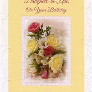 Designer Greetings Pink and Yellow Roses with Glitter Frame on Yellow Birthday Card for Daughter-in-Law